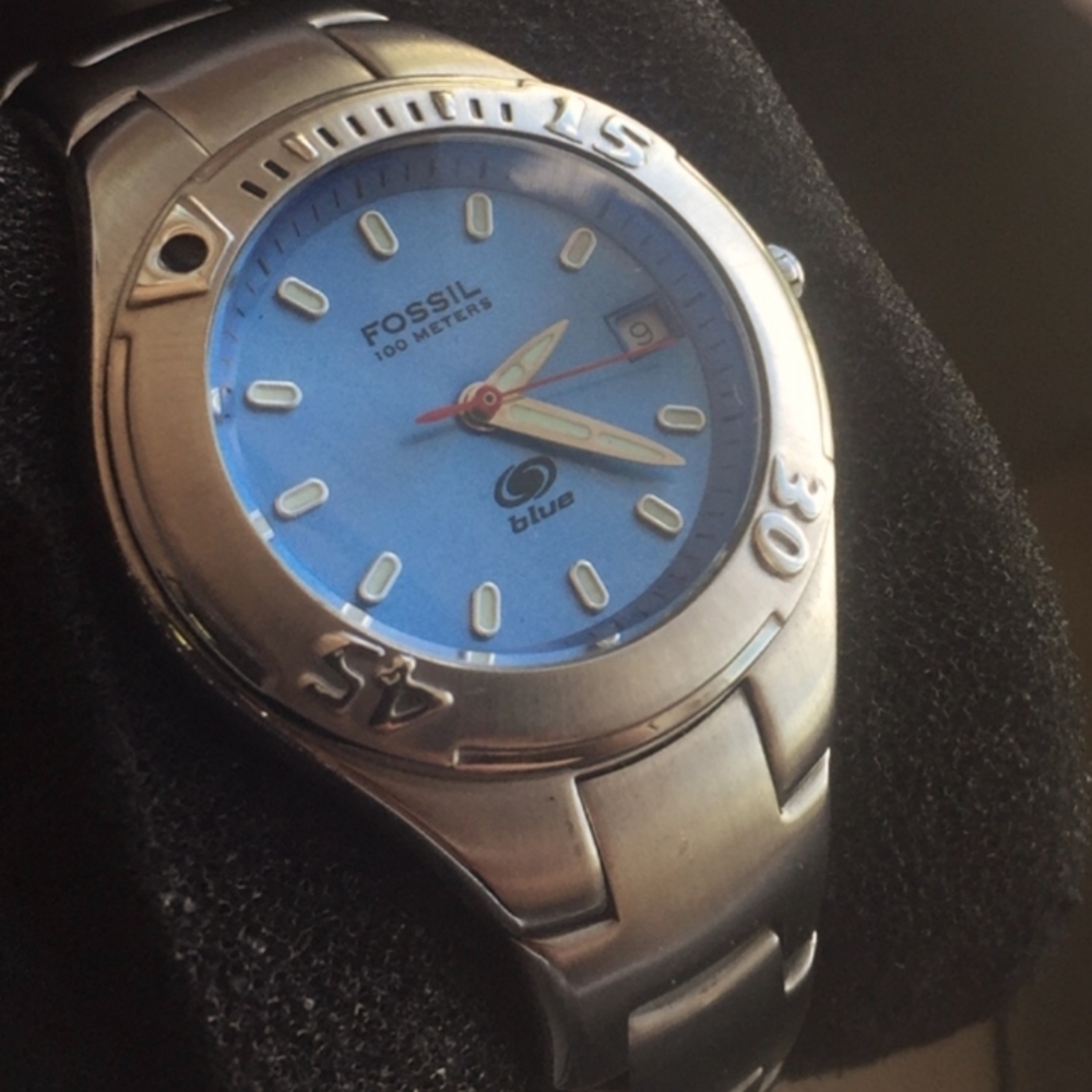 Womens Fossil Blue Face Stainless Steel Watch Gem